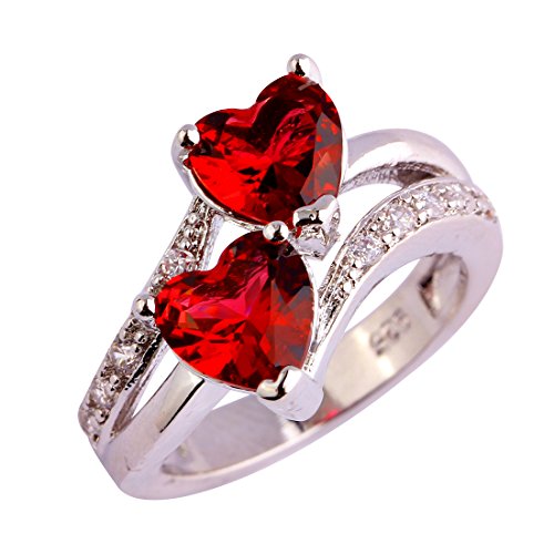 Narica Silver Plated 7x7mm Double Heart Cut Created Ruby Spinel Cubic Zirconia Filled Halo Wedding Engagement Band Elegant Women's Ring for Mom Bridal Lover Gift 10#