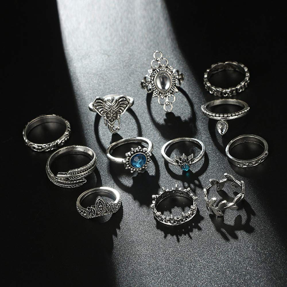 Missgrace Bohemian Vintage Elephant Animal Crystals Stack Rings Set Rhinestones Statement Beach Rings for Women Piece 12Pcs (Style 5)