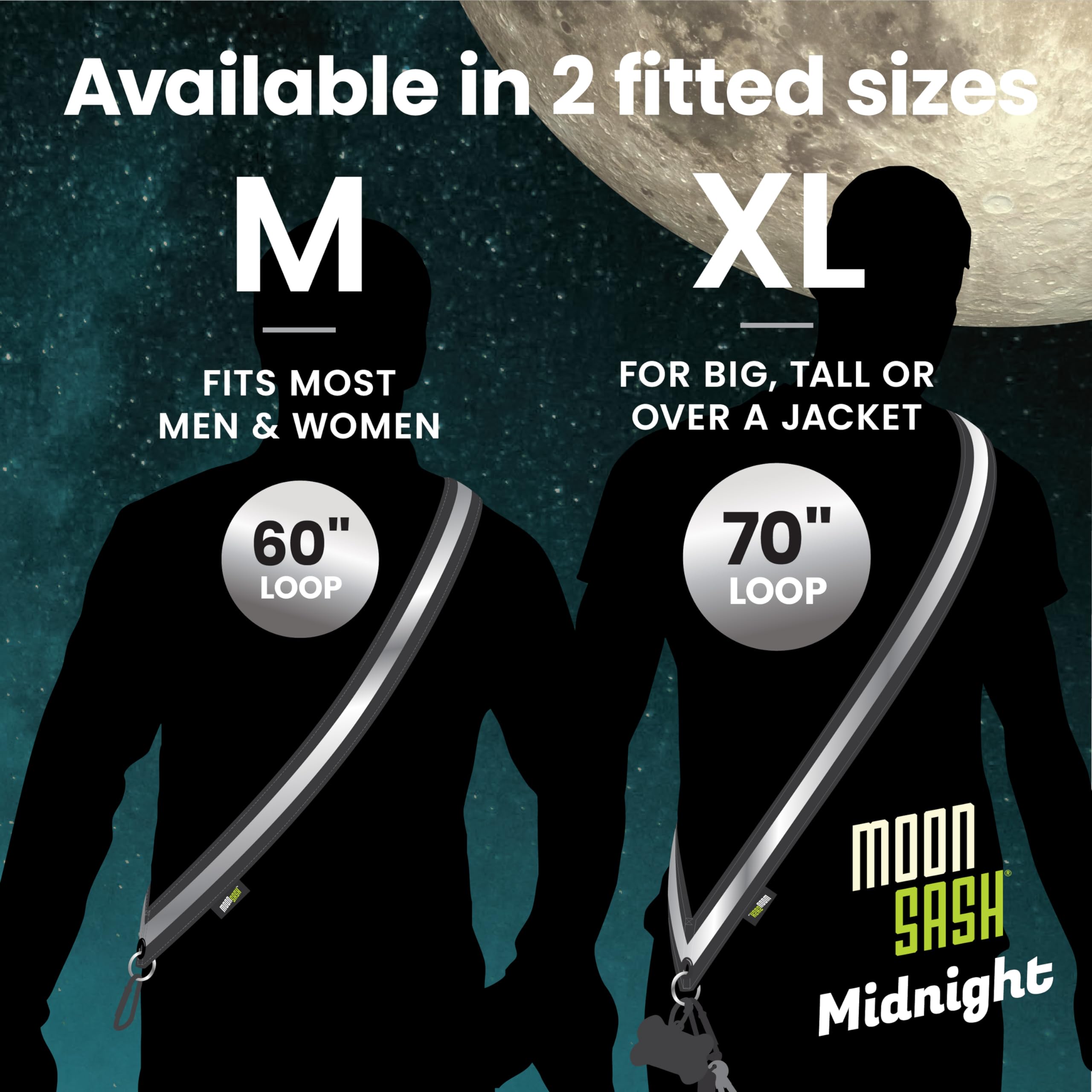 MOONSASH Fitted Reflective Gear for Walking at Night | Running, Biking, Dog Walking… Hi-Vis, Reversible & Comfortable Reflective Sash for Women, Men & Kids | US Patented | Best Replacement for Vest!