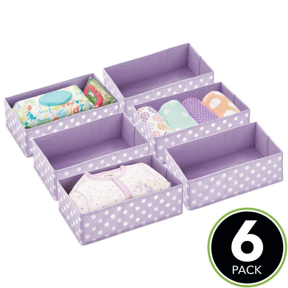 mDesign Soft Fabric Dresser Drawer and Closet Storage Organizer for Toddler/Kids Bedroom, Nursery, Playroom - Rectangular Bin with Polka Dot Print, 6 Pack - Light Purple/White