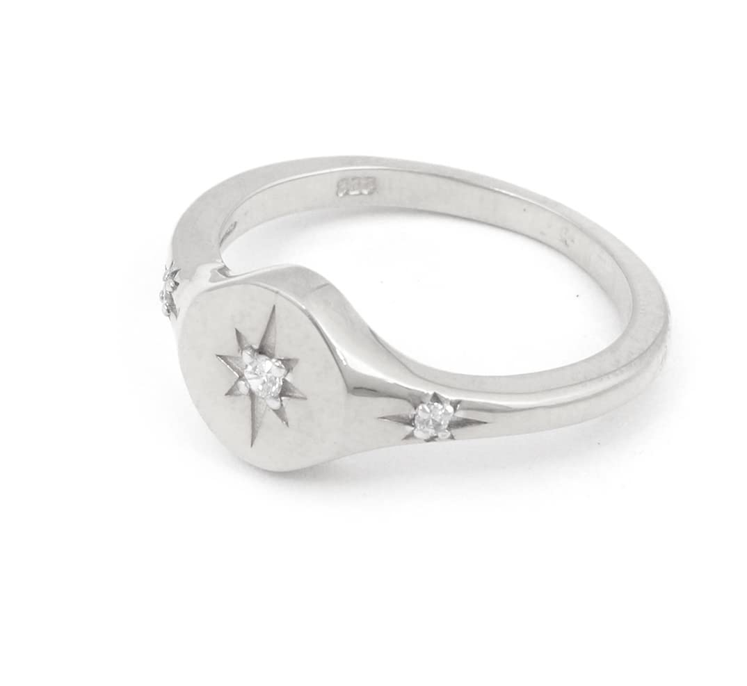 Sterling Silver Signet Ring, Cz Ring, North Star Ring, Polaris Ring, Unique Silver Ring, Star Signet Ring, Starburst Ring, Celestial Ring (White, 9), Yellow,White (Ajr0015)