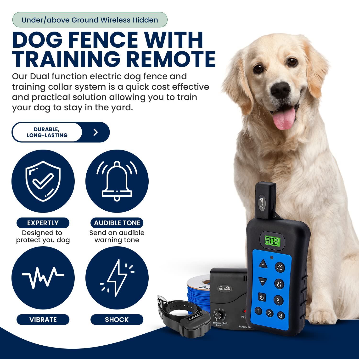 My Pet Command Underground Wireless Dog shock collar Fence System, Dual Function With Remote Dog Training Collar System Safe Pet Containment Waterproof Extra Thick Durable Polyolefin 13 AWG Wire Fence