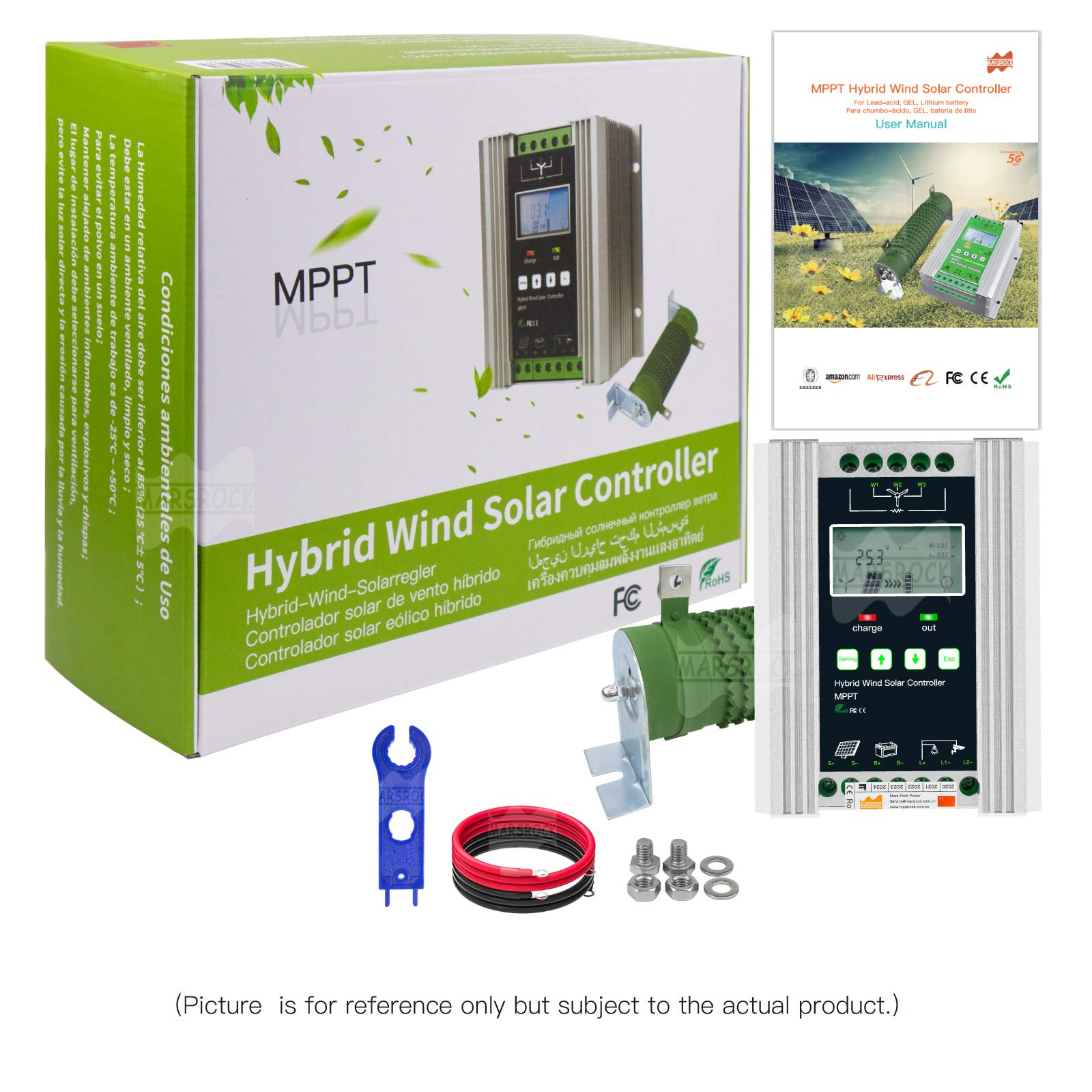 Marsrock 1400W 12V/24V Auto MPPT Wind Solar Hybrid Charge Controller Support Gel and Lead-Acid Battery for Home Wind Turbine Generator and Solar Panel System