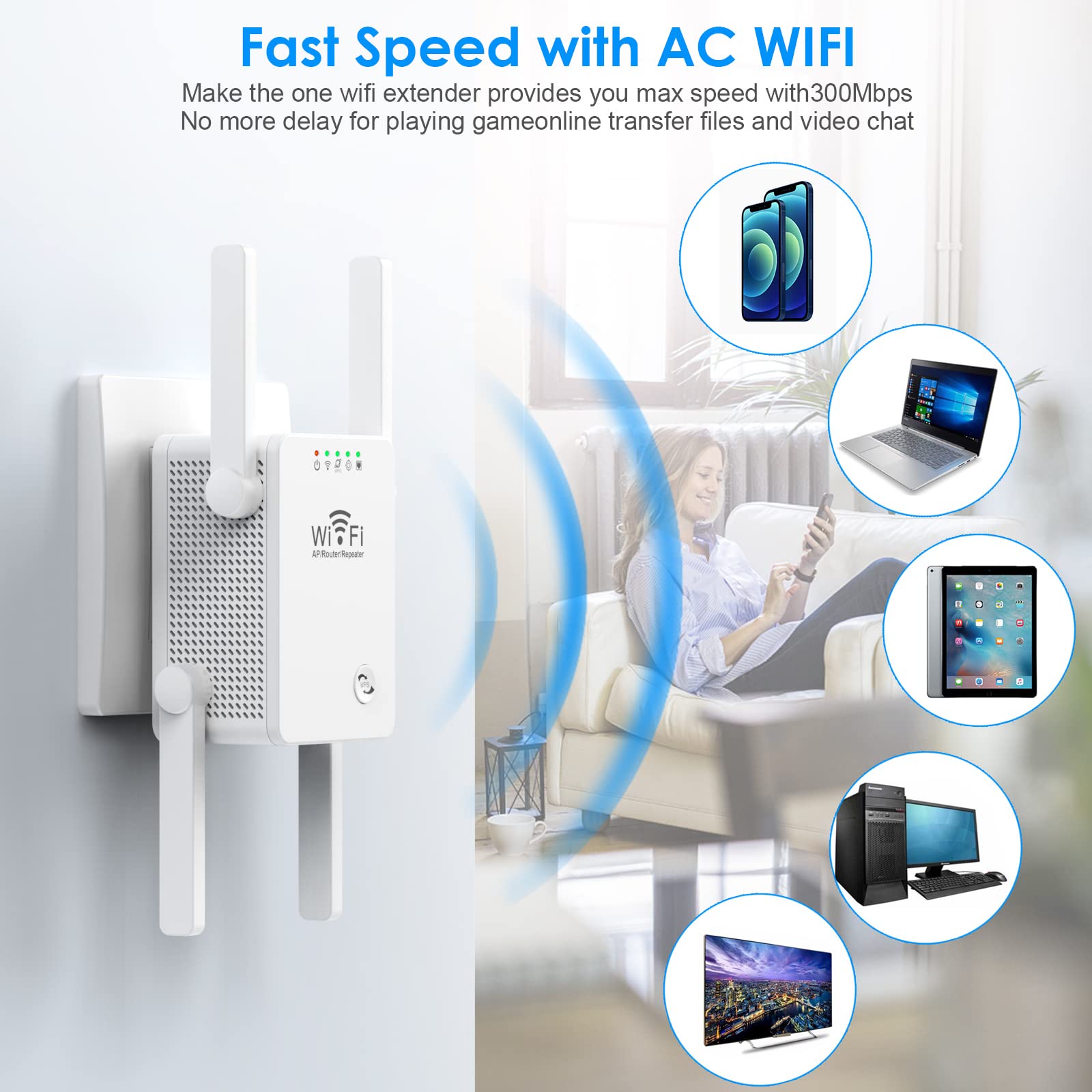 WiFi Extender Internet Signal Booster and Amplifier up to 8500 sq.ft - Long Range Coverage Wi-Fi Repeater for Home, with Ethernet Port & Access Point Mode, Support 40 Devices,1 Touch Easy Setup