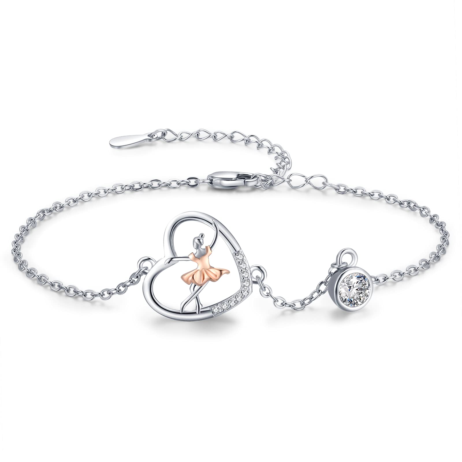 Palpitate Ballerina Bracelet for Women 925 Sterling Silver Heart Bracelet Ballerina Dancer Gymnasts Ballet Dance Jewelry Gifts Adjustable Chain