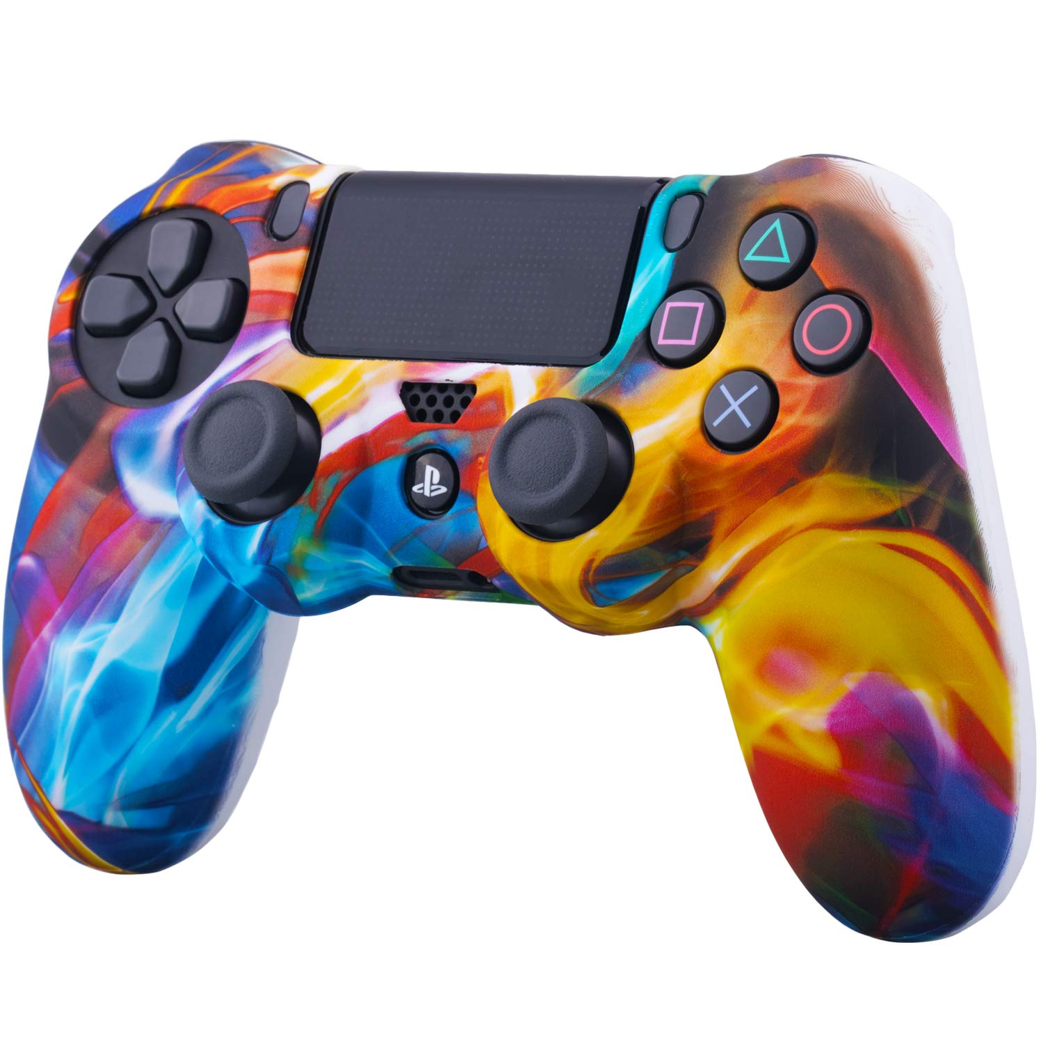 MXRC Silicone Rubber Cover Skin case Anti-Slip Water Transfer Customize Camouflage for PS4/SLIM/PRO Controller x 2(Rainbow Pack) + FPS PRO Extra Height Thumb Grips x 8 + Dustproof Plug x 4