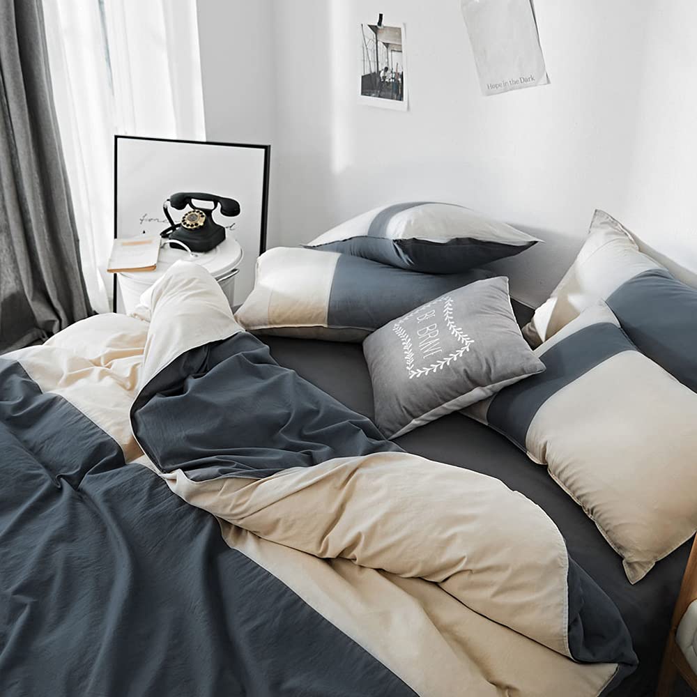 mixinni Super Soft Cotton 3 Piece Grey/Beige Striped Patchwork Queen/Full Duvet Cover Set with Zipper Ties,includes 1 Duvet Cover, 2 Shams