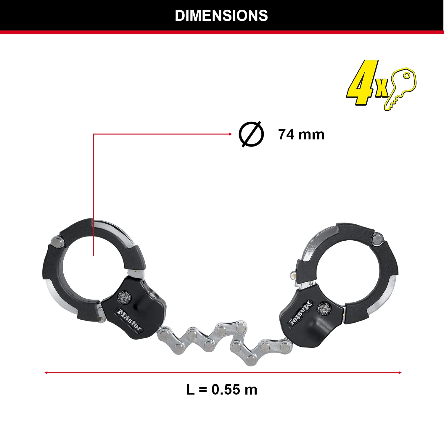 MASTER LOCK Police Approved Bike Lock and E-Scooter Lock, Hardened Laminated Steel, 4 Keys, 550 x 76 x 27 mm, for e bike scooter quad