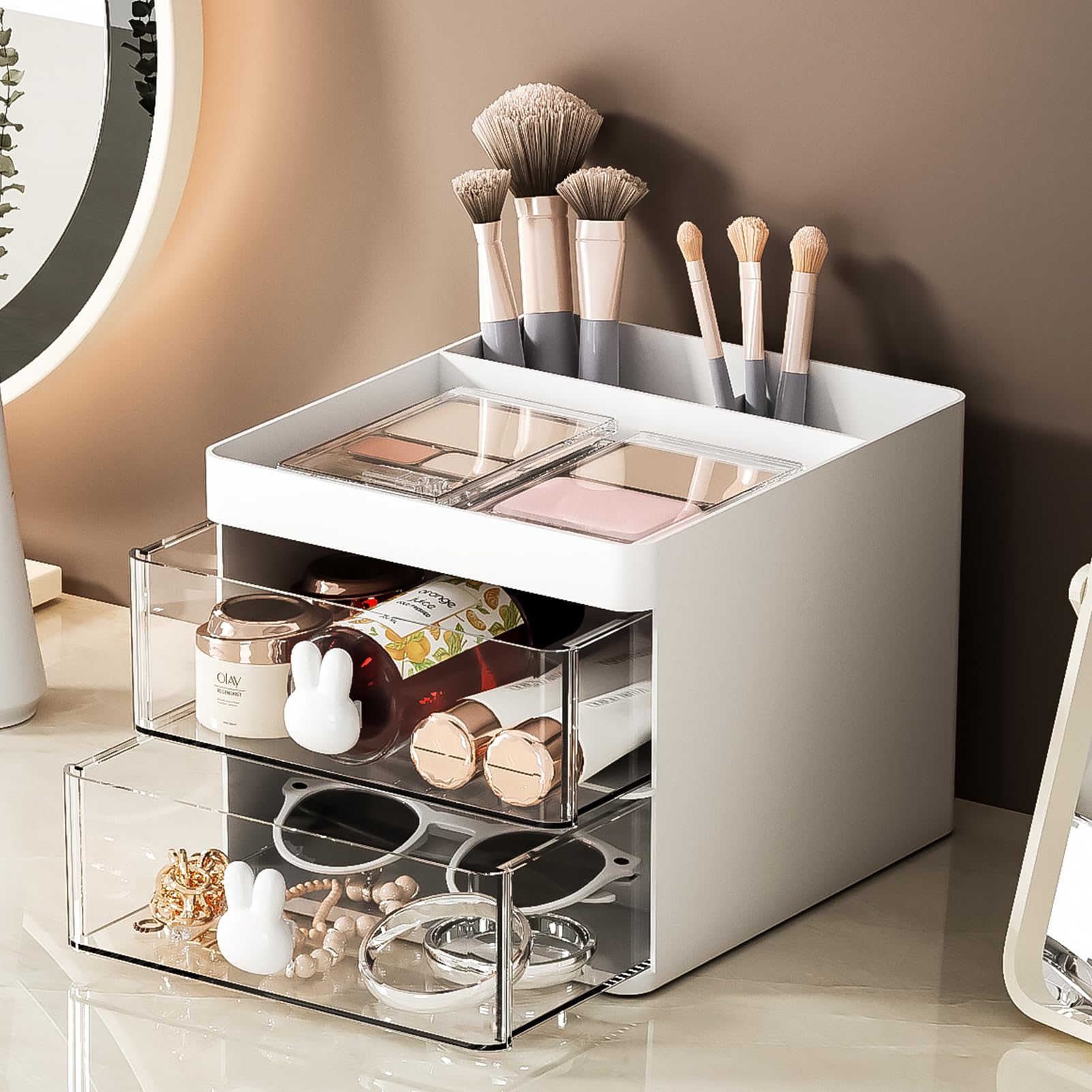 Marbrasse Small Desk Organizer with Drawer, Multi-Functional Pen Pencil Holder Storage Box for Desk, Desk Organizers and Accessories with 3 Compartments + 2 Drawer for Office Art Supplies(White)