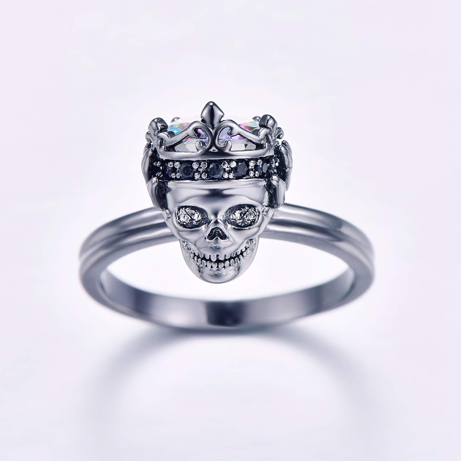 Narica Black Gold Plated Women's Antique Gothic Skull Ring Retro Oxidized Finished Round Cut Created Rainbow Topaz CZ Cubic Zirconia Filled Vintage Band Halloween 6#