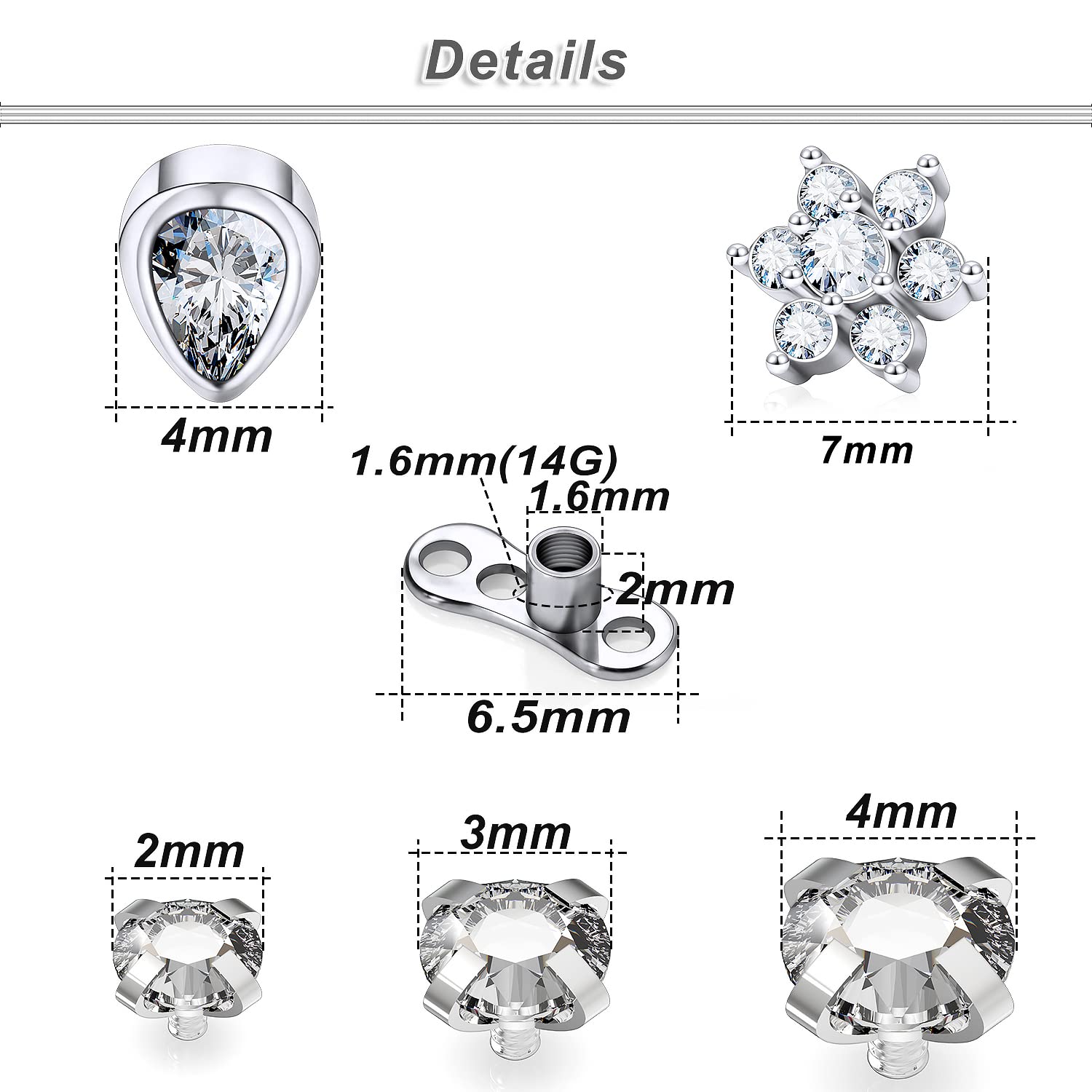 Ocptiy Dermal Piercing Jewelry Kit Dermal Tops 14G G23 Titanium Dermal Anchor Internally Threaded Flower Heart Dermal Replacement Piercing diamond Gen CZ Tops Balls Jewelry for Women Men 6mm 8mm