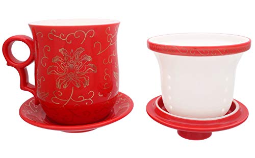 Tea Talent Porcelain Tea Cup with Infuser Lid and Saucer Sets - Chinese Jingdezhen Ceramics Coffee Mug Teacup Loose Leaf Tea Brewing System for Home Office