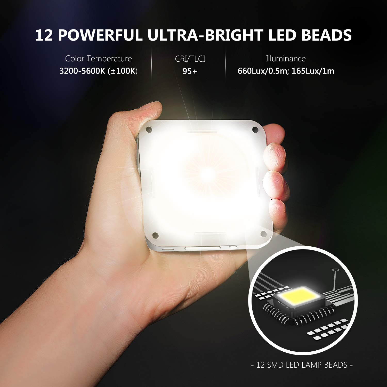 Neewer 12 SMD LED Bulb Mini On-Camera LED Video Light, LED Lighting CRI 95+ with Built- in Battery/USB Charging/Hot Shoe Adapter Compatible with Canon Nikon Sony and Other DSLR Cameras (White)
