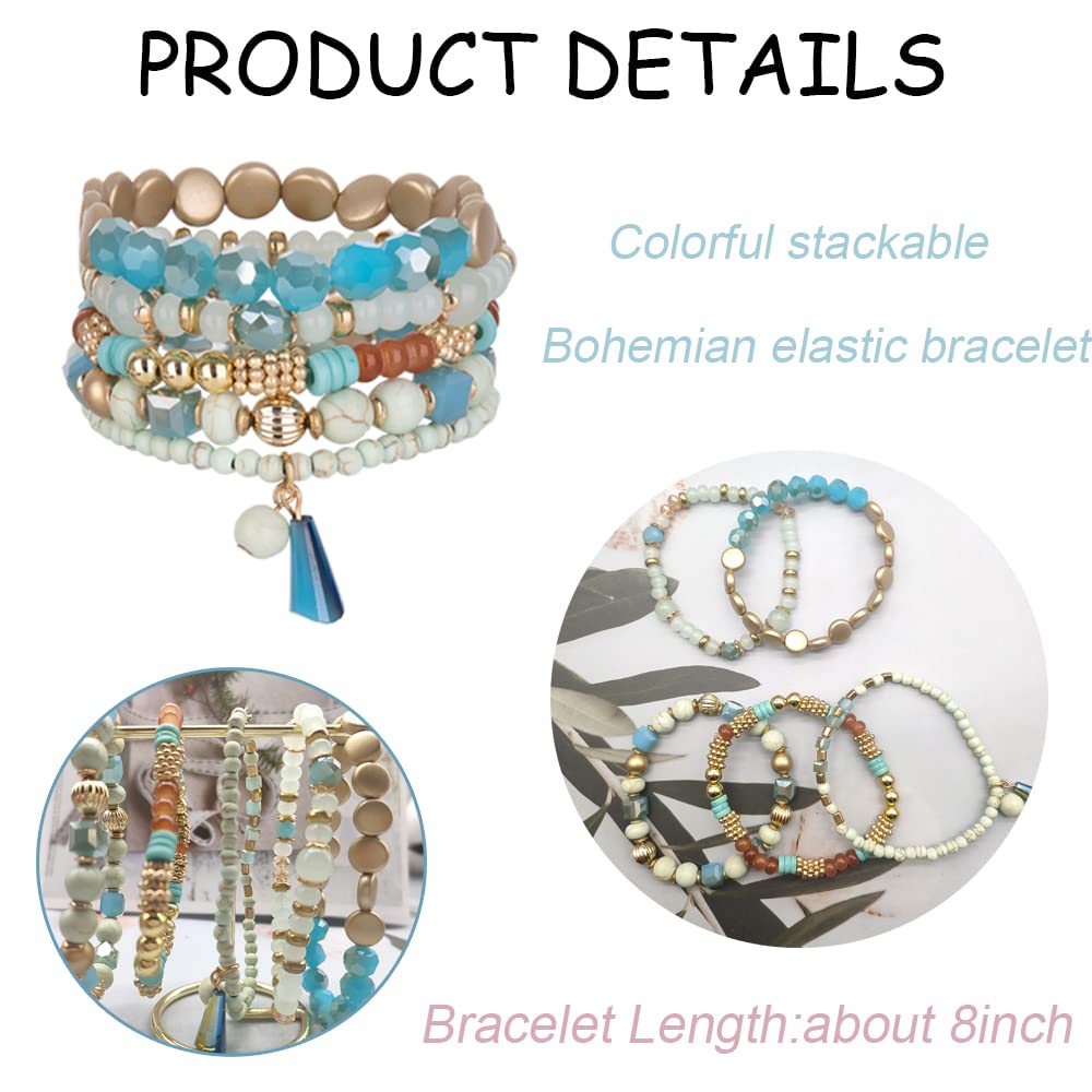 Svovin 6Sets Bohemian Mix Bead Multi Layer Versatile Statement Bracelets Stackable Beaded Strand Stretch Bangles Sparkly Crystal Tassel Charm Jewelry Gifts