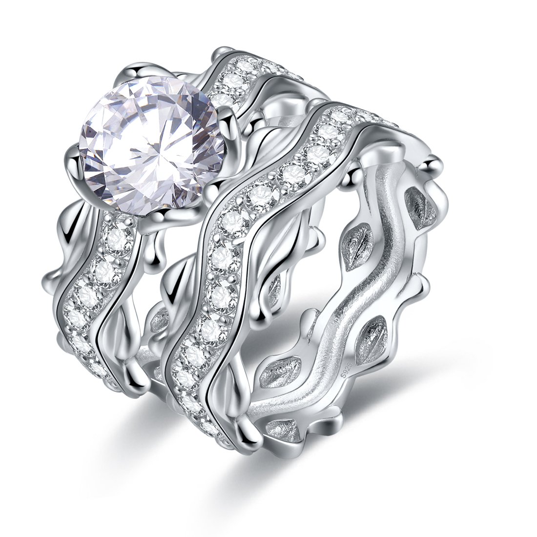 Merthus 925 Sterling Silver Rings 8x8mm Cubic Zirconia Bridal Ring Sets | Solitaire Wedding Ring Band | Vine Leaf Stackable Rings for Women