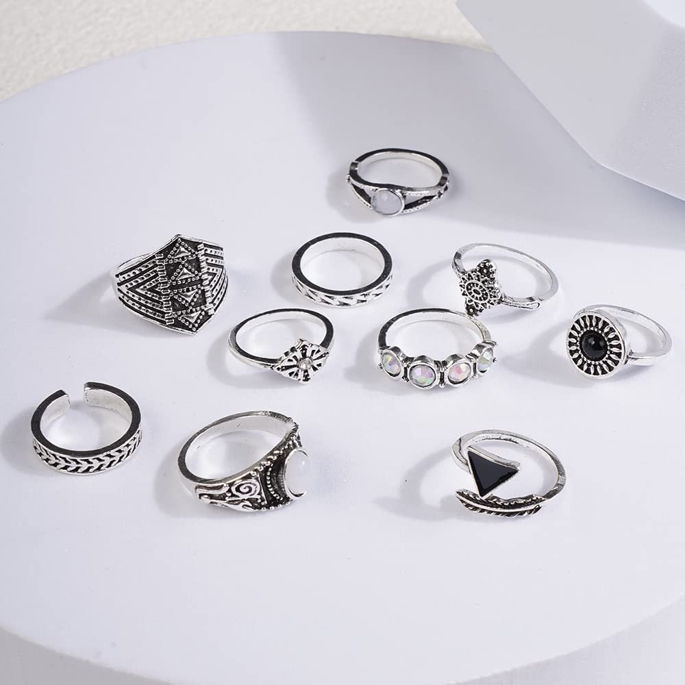 Octwine 10cs Silver Bohemian Statement Knuckle Rings Black Carved Stackable Rings Stacking White Crystals Ring Jewelry for Women and Girls