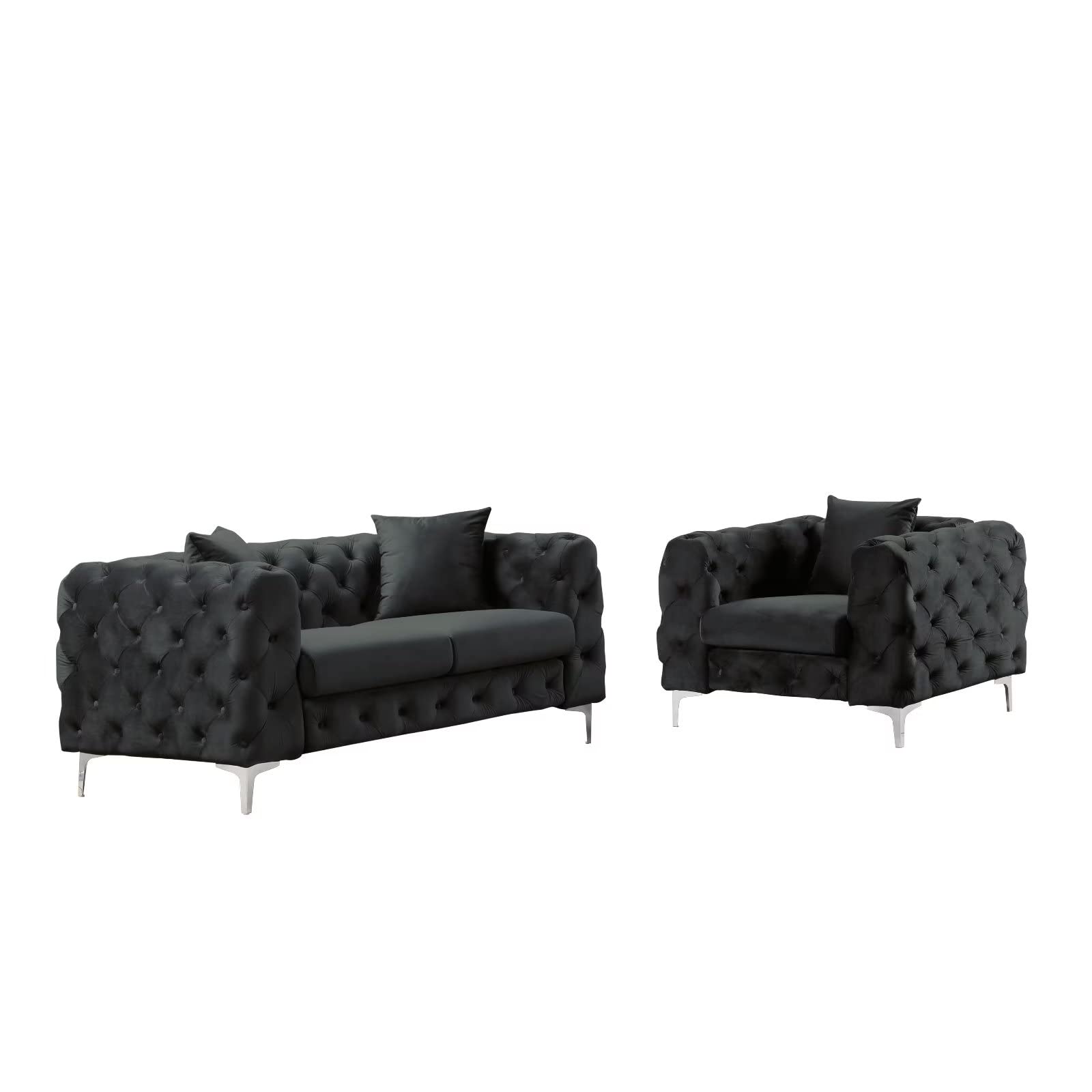 Morden Fort Modern Velvet Sofa Set Chair Loveseat 2 Pieces for Living Room Bedroom Office with Deep Button Tufting, Solid Wood Frame and Iron Legs-Silver Grey