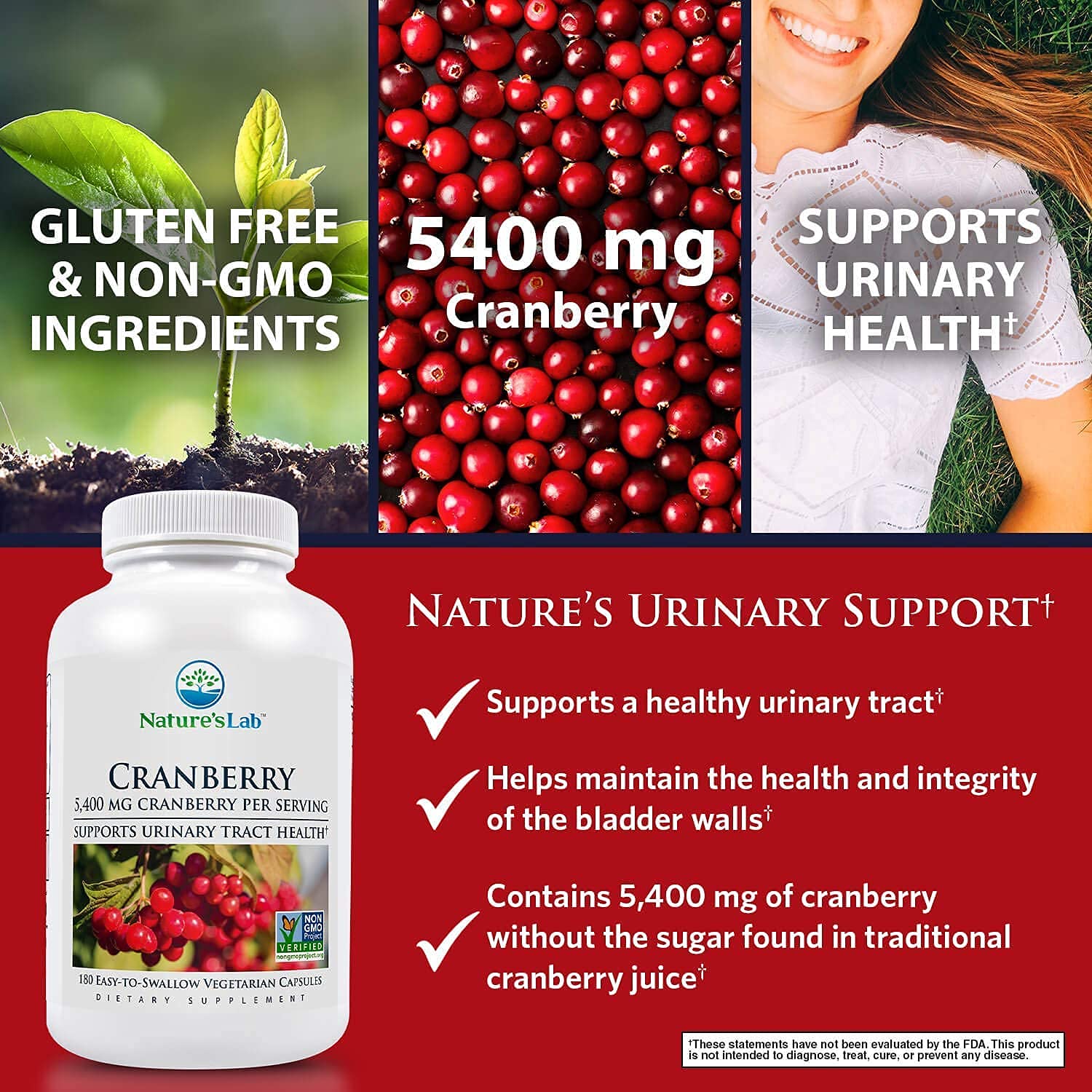 Nature's Lab Cranberry 5400mg β Supports Urinary Tract Health* β Non-GMO Verified, Vegan, Gluten Free β 180 Count (6 Month Supply)