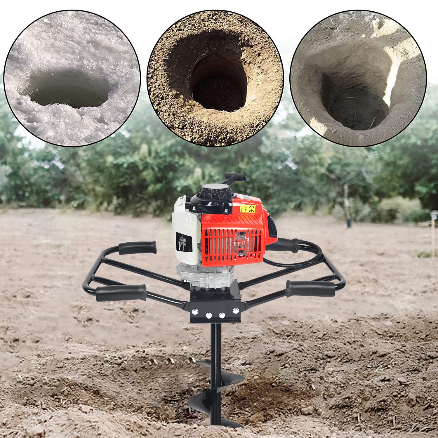 XtremepowerUS 3.0HP Powerhead 2-Stroke Gas Post Hole Digger Set Include 8", 10", 12" Inch Earth Auger Drill Bit with Extension Rod Set