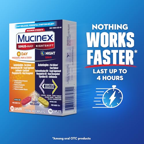 Mucinex Sinus-Max Day Pressure, Pain & Cough & Nightshift Night Sinus Medicine for Adults, Day/Night Combo Pack for Sore Throat Relief, Nasal Congestion Relief, Cough & Cold Medicines, 40 Caplets