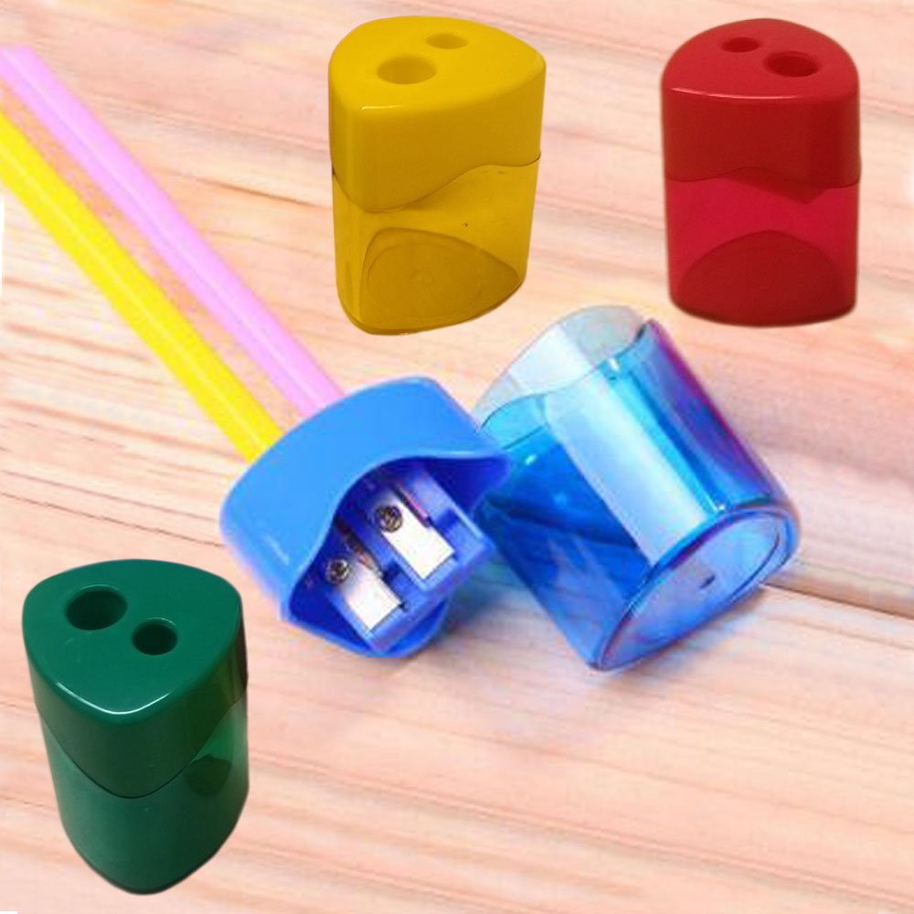 Mega Set Of 12 Double Hole Triangular Shaped Pencil Sharpener With Cover and Receptacle! Comes In 4 Colors- Red, Blue, Yellow, and Green!