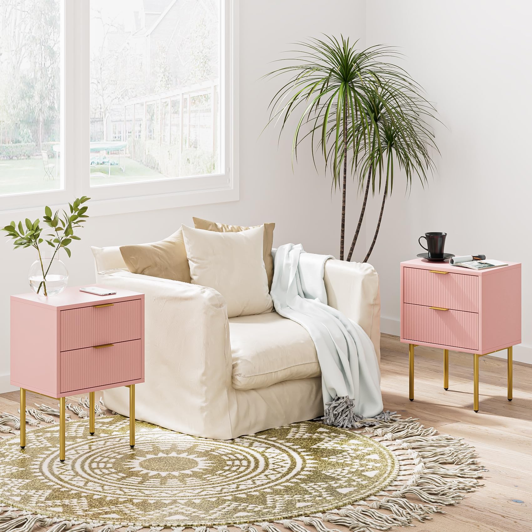 Masupu Night Stand,Mid-Century Modern Bedside Table with Storage Drawer and Open Wood Shelf,Small Gold Frame Side Table for Bedroom,Living Room, Pink