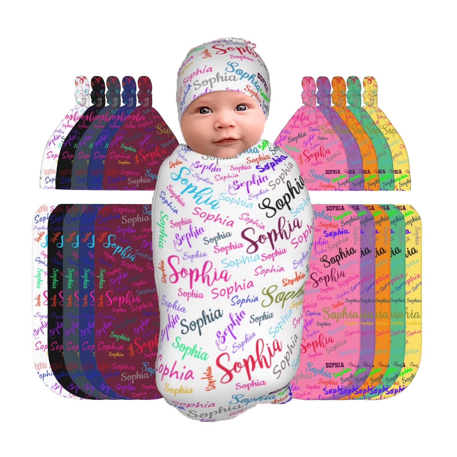 WAYABO Custom Baby Swaddle Blankets and Hat with Name Personalized Newborn Swaddle Blanket for Boys Girls Gifts (ColorName, One Size)