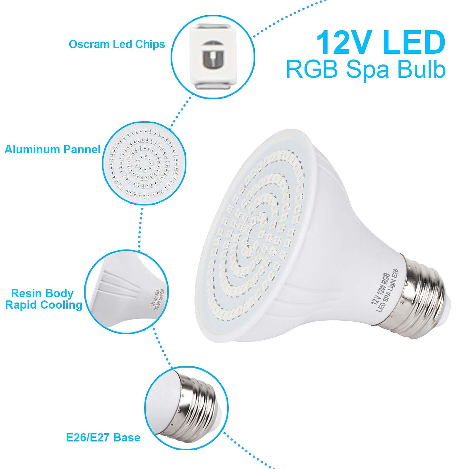 XIUBE SPA LED Light Bulb for In-ground SPA Underwater Swimming Pool RGB Color PAR20 LED Light Bulb E26 Base Replacement for Light Fixtures Remote Switch Control, 12V-12W-RGB LED SPA Light, 12V RGB