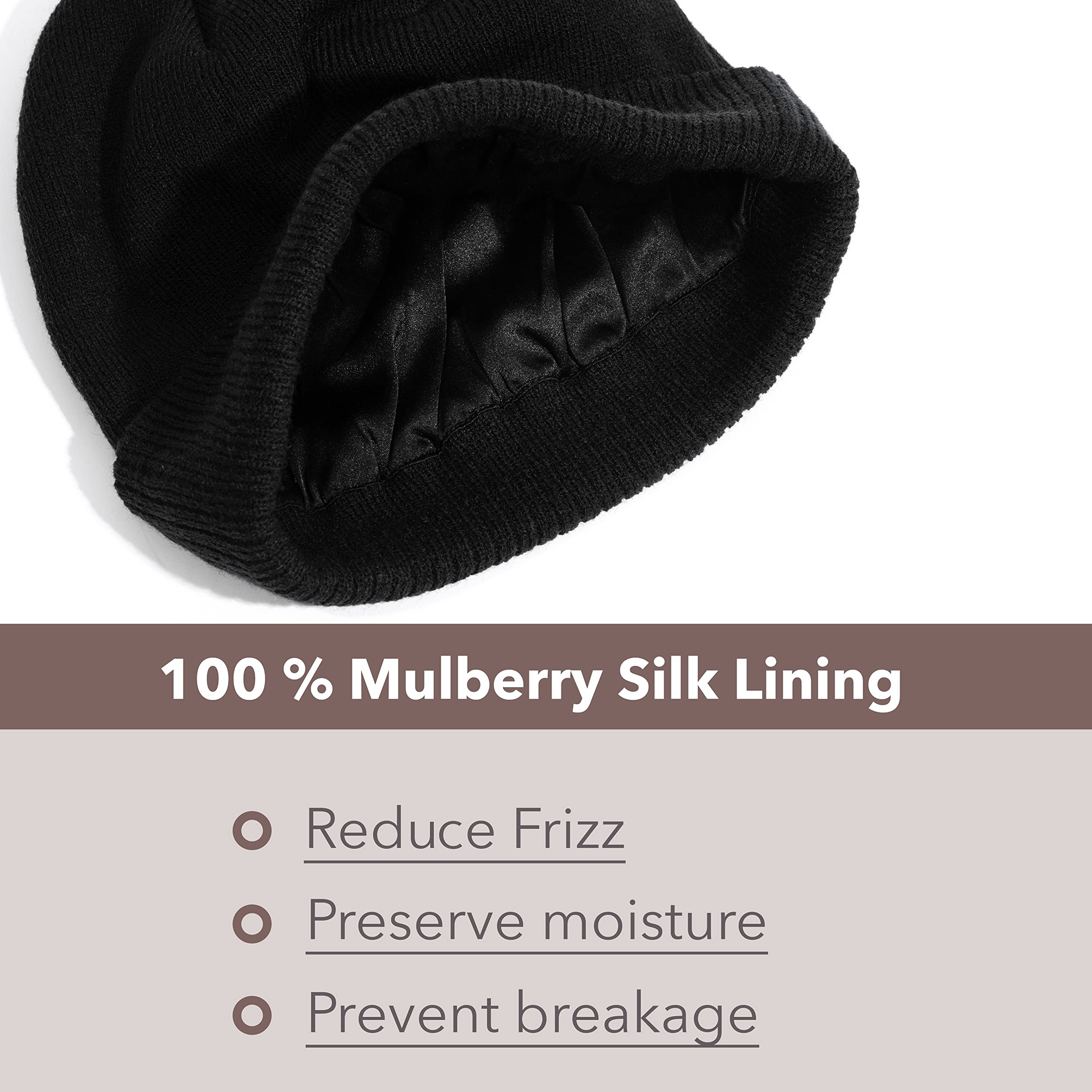 Silk Reine Mulberry Silk Lined Beanie (Unisex) – Black Knitted Hat with Pure Silk Lining – Warm – Soft & Slouchy/Suitable for All Seasons – Giftable Beanie for Men & Women