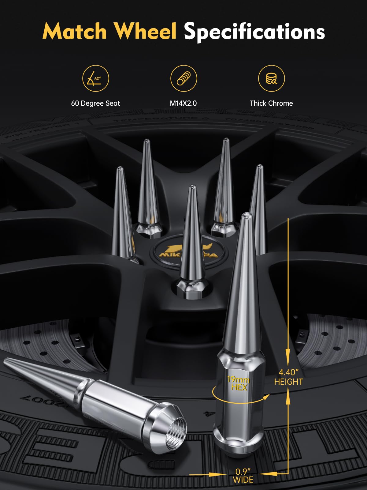 MIKKUPPA M14x2.0 Spike Lug Nuts - 32PCS Chrome 14mmx2.0 Spiked Lug Nuts, Replacement for 1994-2014 Ford F150, 1997-2013 Expedition, Solid 4.4" Tall Acorn Lug Nut with 1 Socket Key