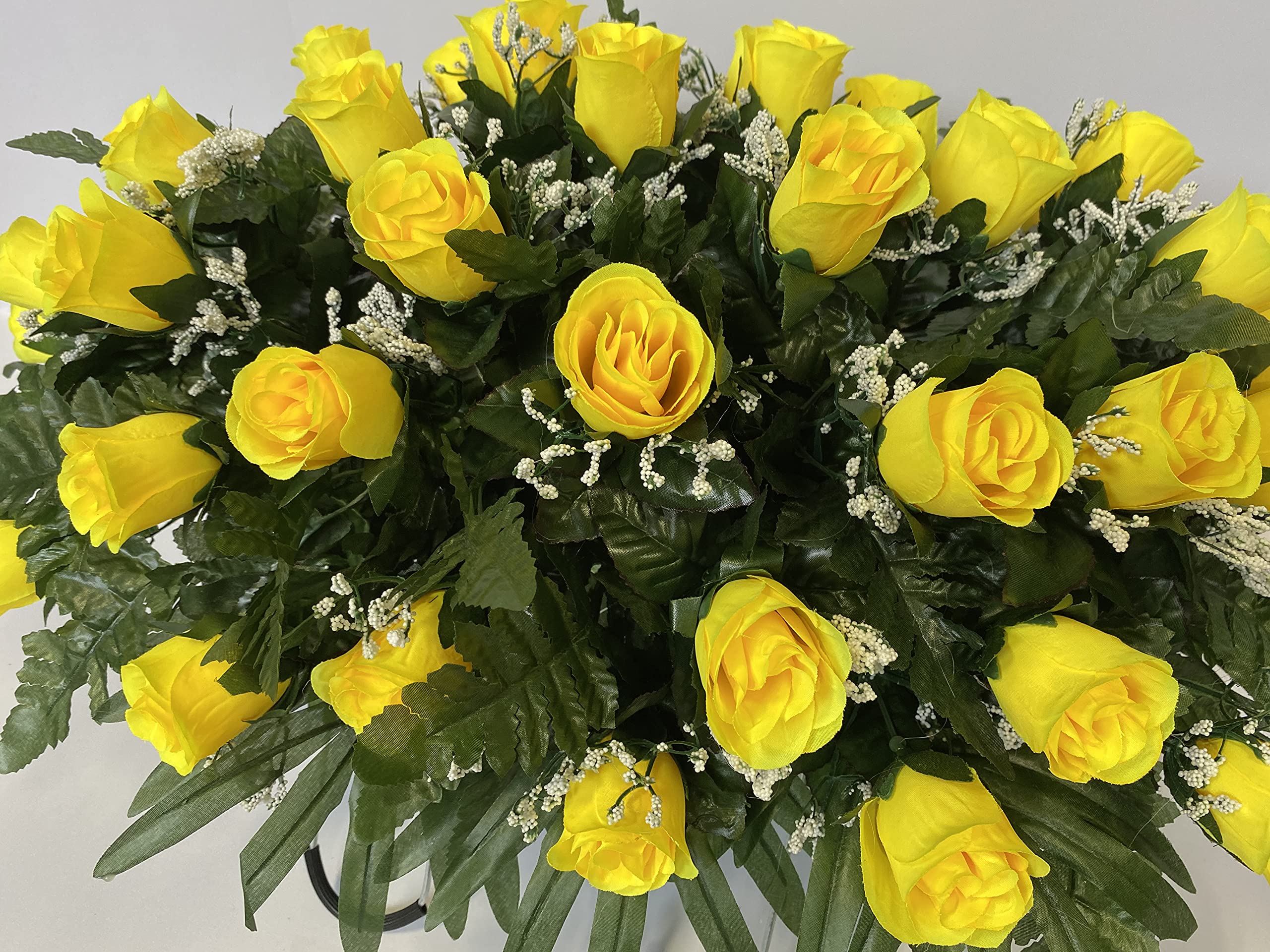 Yellow Rose with Baby's Breath Flowers Cemetery Headstone Saddle Arrangement