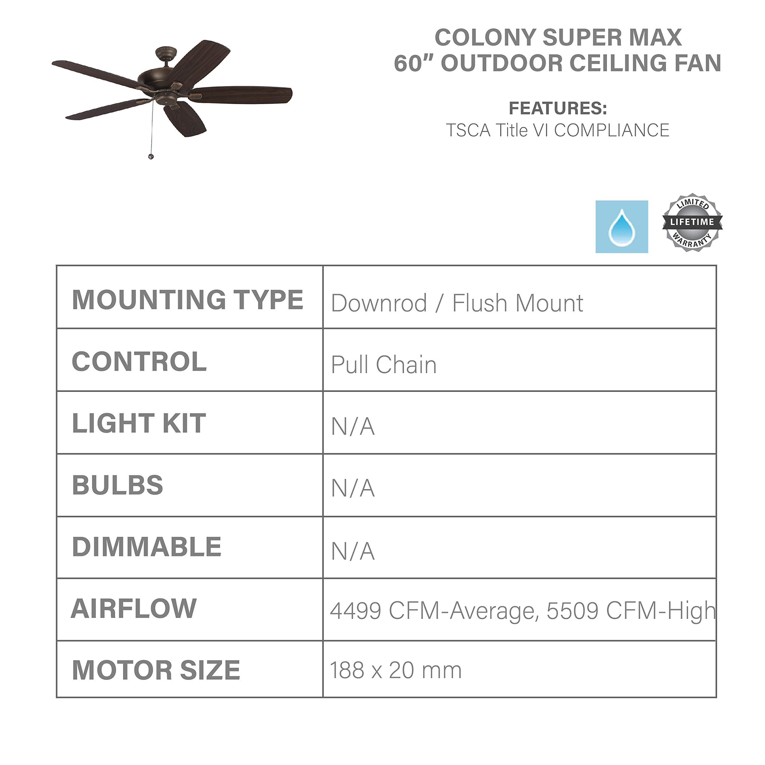 Monte Carlo 5CSM60RB Colony Super Max Dual Mount 60'' Outdoor Ceiling Fan with Pull Chain, 5 Blades, Roman Bronze