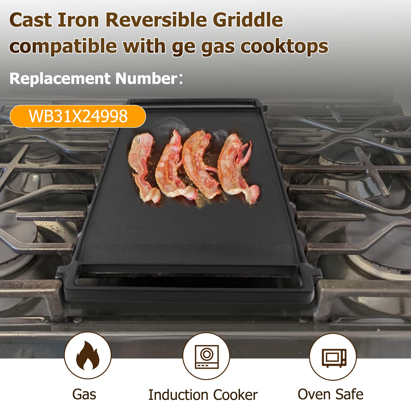 Upgraded WB31X24998 WB31X24738 Griddle Replacement Parts for ge Stove, Heavy Duty Cast Iron Reversible Griddle/Grill Combo Compatible With ge Stove Griddle(Not Universal),One tray-1 Year Warranty