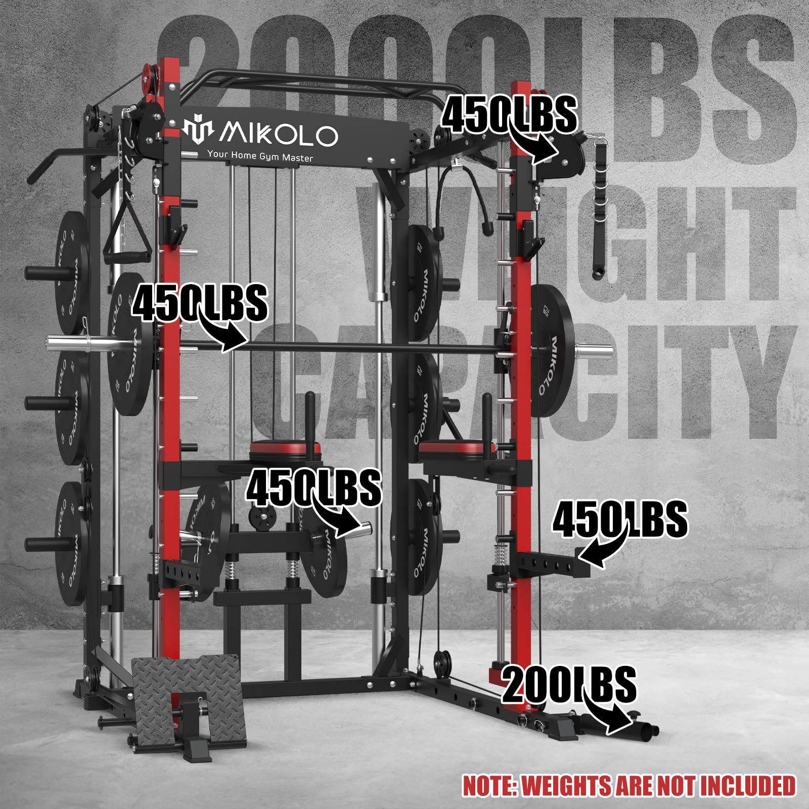 Mikolo Smith Machine, 2000LBS Multifunctional Squat Rack with LAT Pull Down System&Cable Crossover Machine for Home Gym, Power Cage with Dip/Leg Raise Attachments, Free Handles, Band Pegs(Red)