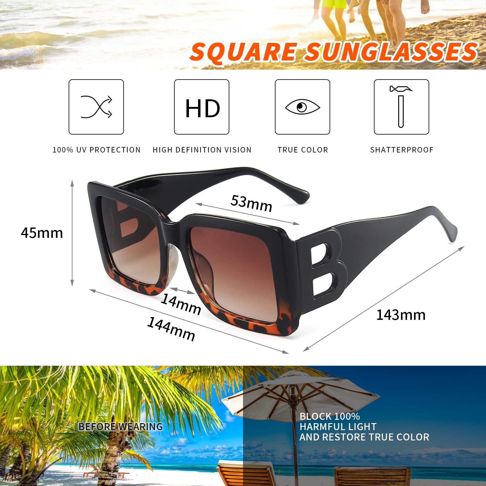 YQVIE 6 Pack Oversized Square Sunglasses Bulk for Women Men Trendy Gold B Frame Big Sun Glasses UV400 Protection (General B)