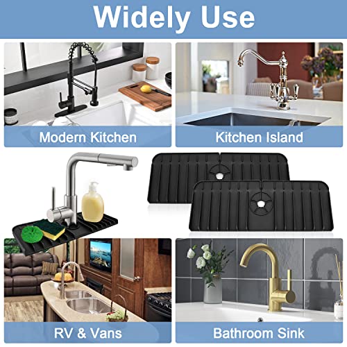 Silicone Faucet Handle Drip Catcher Tray, 2 Pack Silicone Faucet Mat for Kitchen Sink, Sink Splash Guard Behind Faucet, Faucet Drip Catcher to Keep Kitchen Clean and Dry 14.6''x5.4'' (Black)