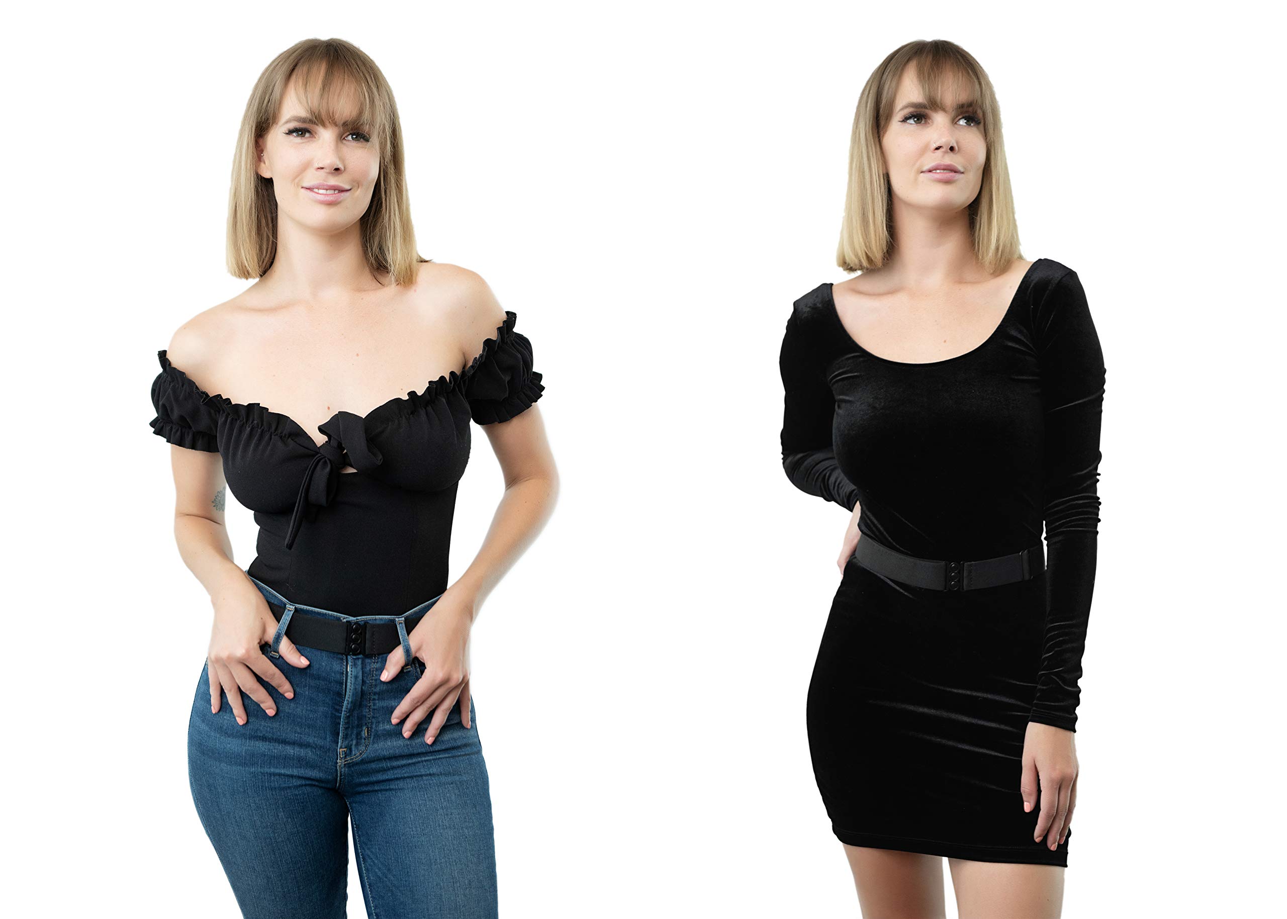 ONE-BELT No Show Invisible Elastic Belts for Women | Non Slip | Fits waist upto 50 Inch (Matte Black - BLACK)