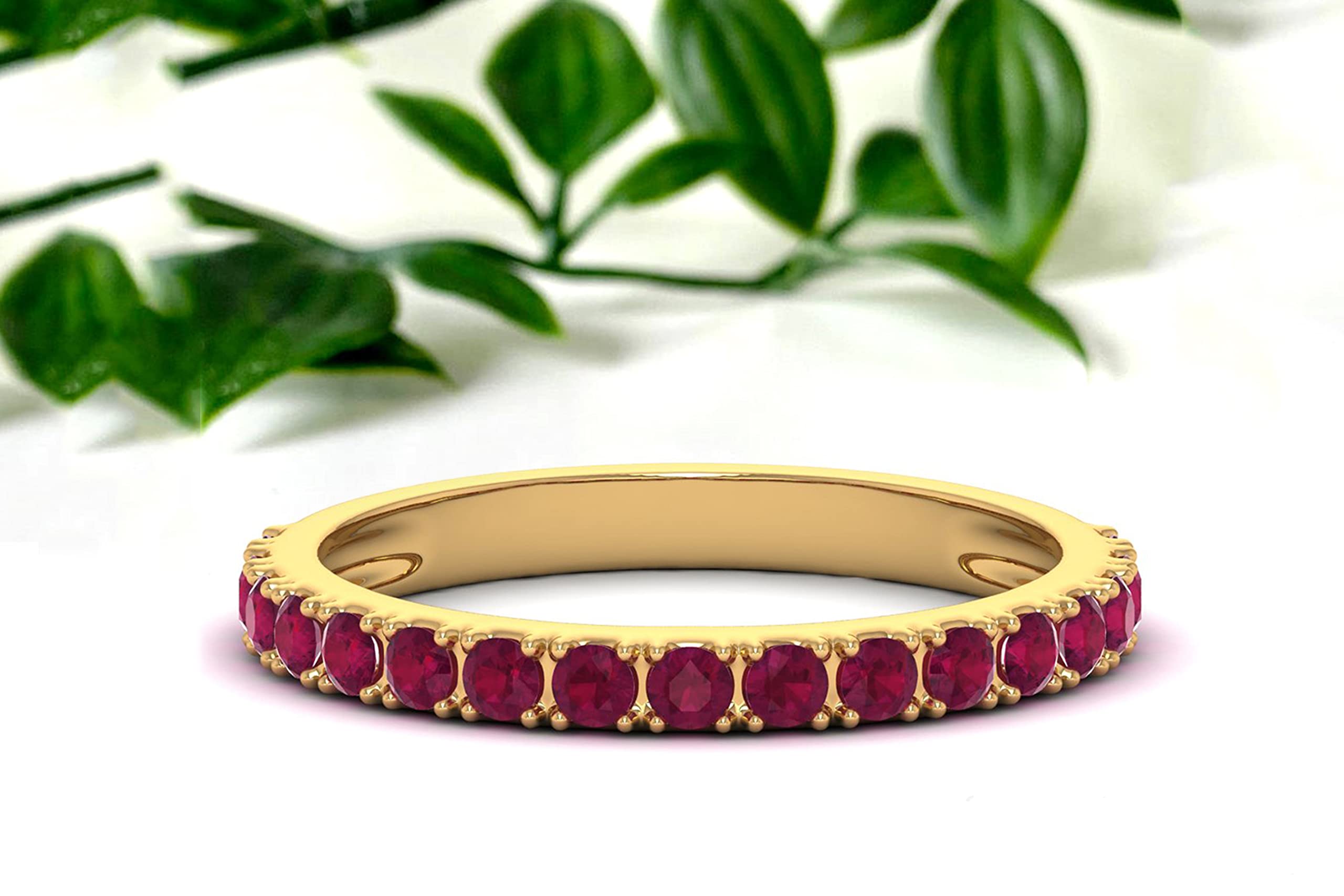 Ruby Eternity Band, 2mm Round Cut Birthstone Wedding Bands, 14k Yellow Gold Stackable Rings