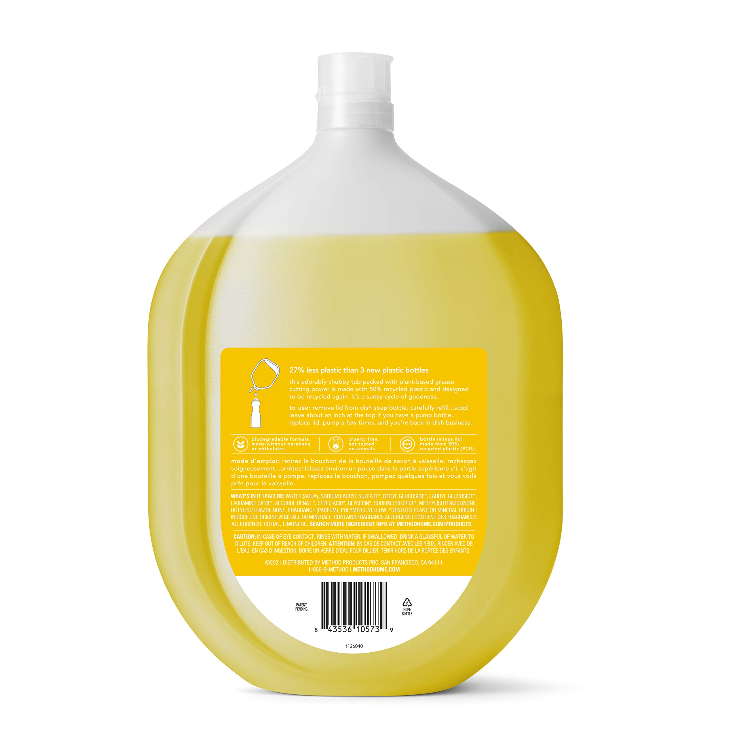 Method Dish Soap, Refill, Lemon Mint, Biodegradable Formula, Tough on Grease, 54 oz (Pack of 4)