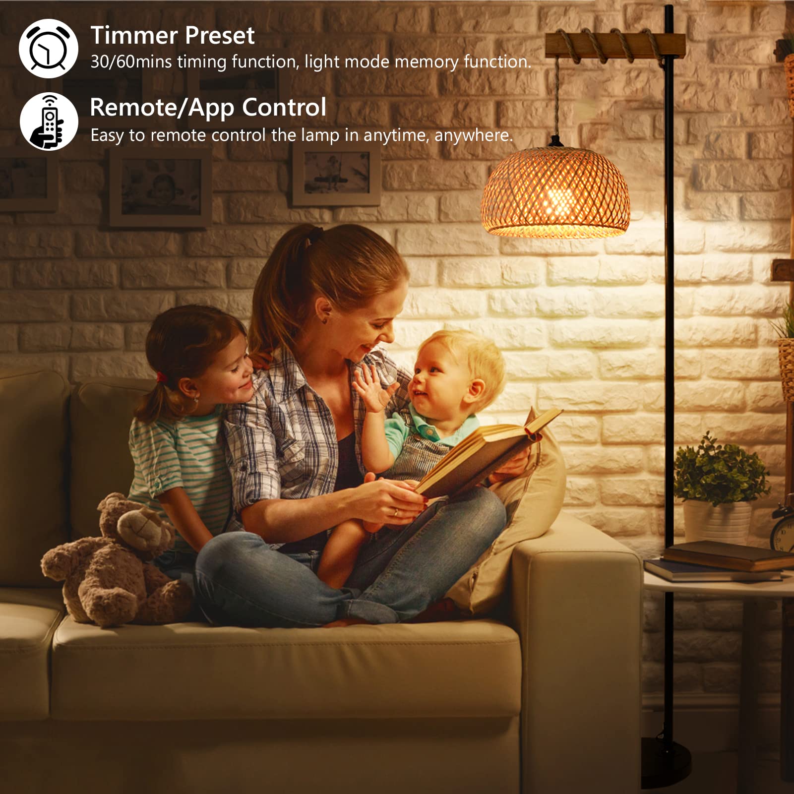 Stepeak Boho Floor Lamp with Remote, Farmhouse Dimmable Rattan Standing Lamp with Smart Blub, Bamboo Lampshade, App Control, Wood Black Tall Lamp for Living Room Bedroom Office, 9W LED Bulb Included