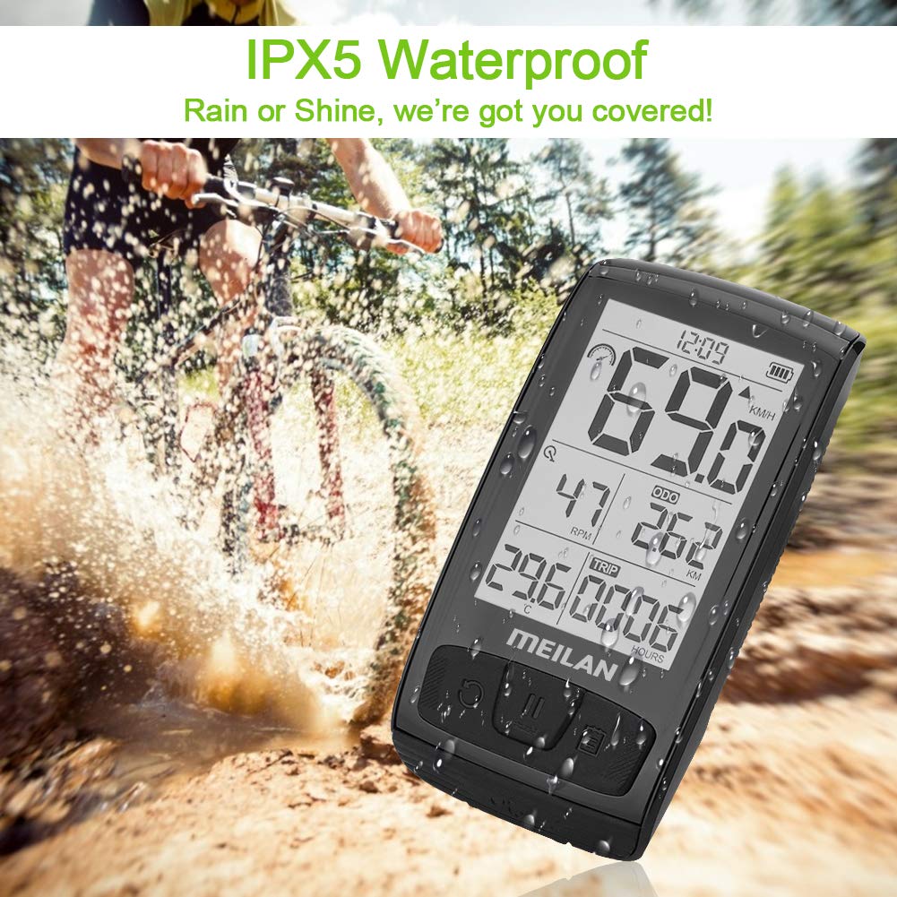 MEILAN M4 Wireless Bike Computer, ANT+ BLE4.0 Bicycle Speedometer and Odometer with Cadence/Speed Sensor, Waterproof Cycling Computer with 2.5 inch LCD Backlight Display for Indoor/Outdoor Cycling