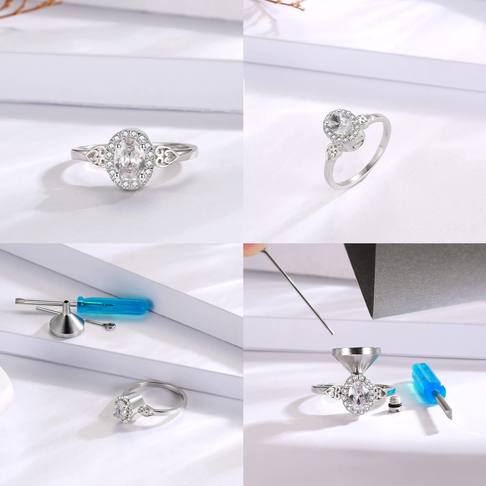 Sterling Silver Urn Ring for Ashes: Women Oval Shaped Cubic Zirconia Ash Ring Memorial Cremation Jewelry Bereavement Keepsakes Gift for Loss of a Loved One (Size 8)