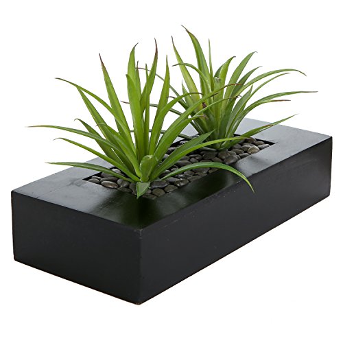 MyGift 10 Inch Artificial Green Grass Plants in Black Wood Decorative Planter Pot - Faux Greenery in Rectangular Wooden Container for Tabletop Centerpiece DĂŠcor