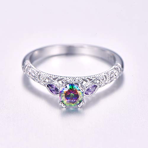 Psiroy 925 Sterling Silver Created Rainbow Topaz Filled Delicate Engagement Ring for Women Size 8