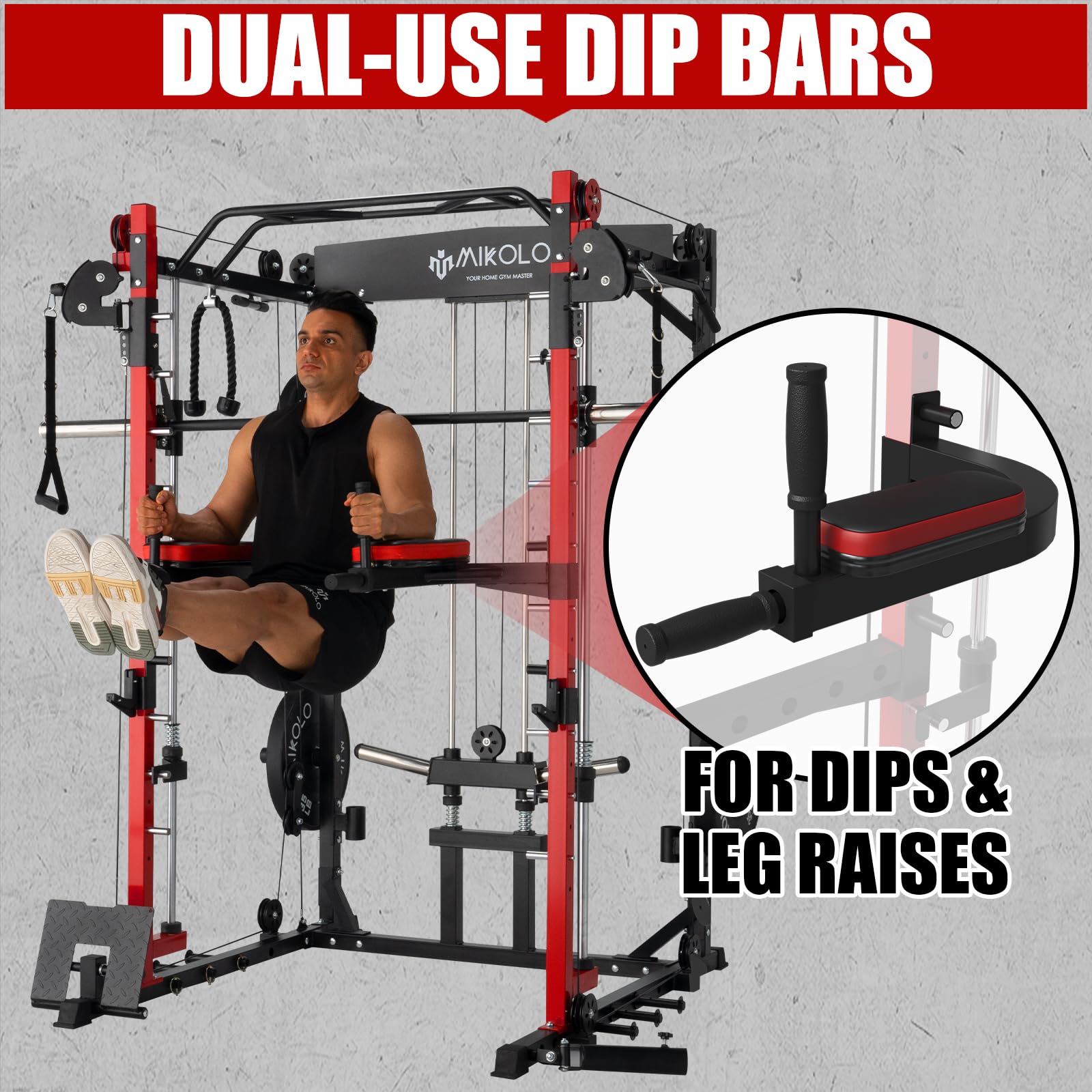 Mikolo Smith Machine, 2000LBS Multifunctional Squat Rack with LAT Pull Down System&Cable Crossover Machine for Home Gym, Power Cage with Dip/Leg Raise Attachments, Free Handles, Band Pegs(Red)