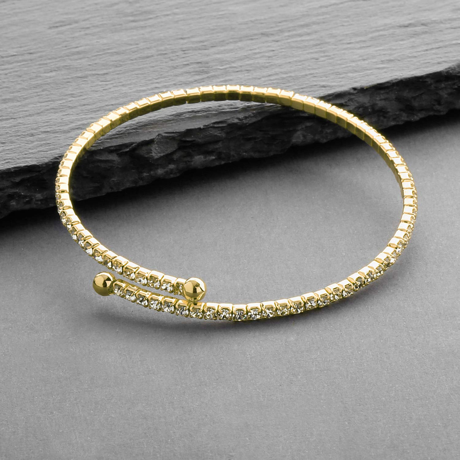 Mariell Gold Crystal Rhinestone Cuff Bridal Bracelet, 1-Row Fashion Bangle for Wedding, Prom, Bridesmaids