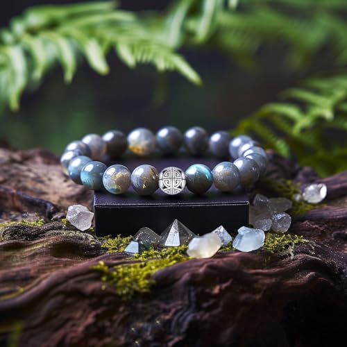 Natural 8mm Gorgeous Men Women Semi-Precious Gemstones Healing Crystal Stretch Beaded Bracelet Unisex Bangle with 925 Sterling Silver Double Happiness Pendant (Labradorite)