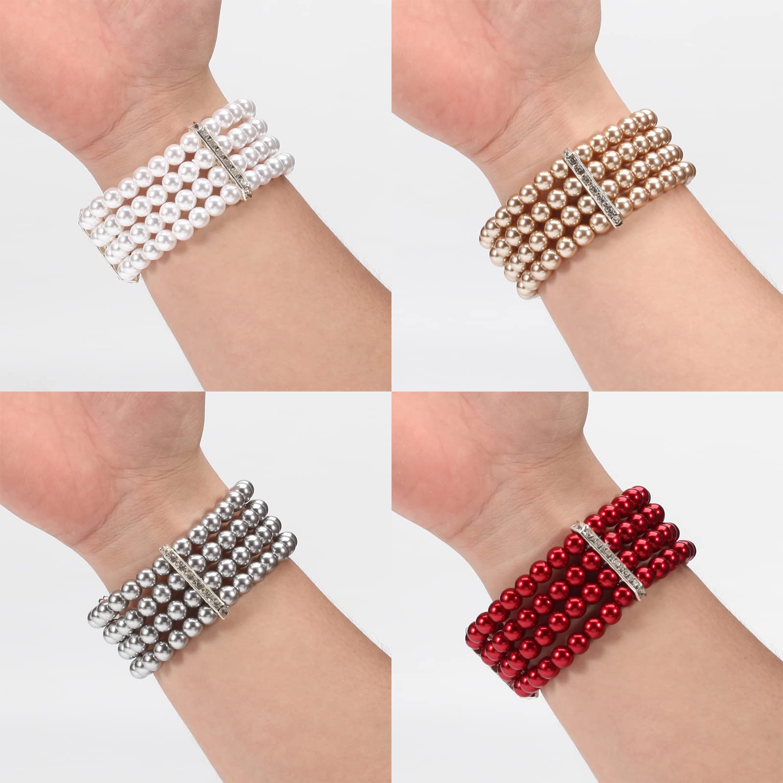 Twinfree 5 Sets Stretch Multilayer Faux 8mm Pearl Bracelet Bangle Vintage Wedding Bridal Jewelry
