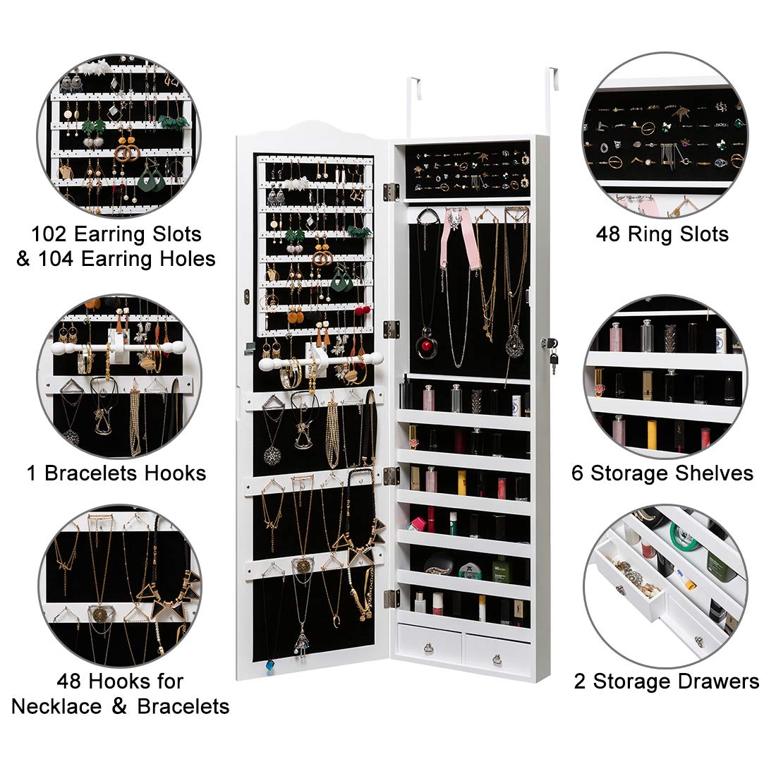 Marble Field Jewelry Cabinet Lockable Wall Door Mounted Hanging Jewelry Armoire Organizer With Full Length Mirror 2 Drawers,Black