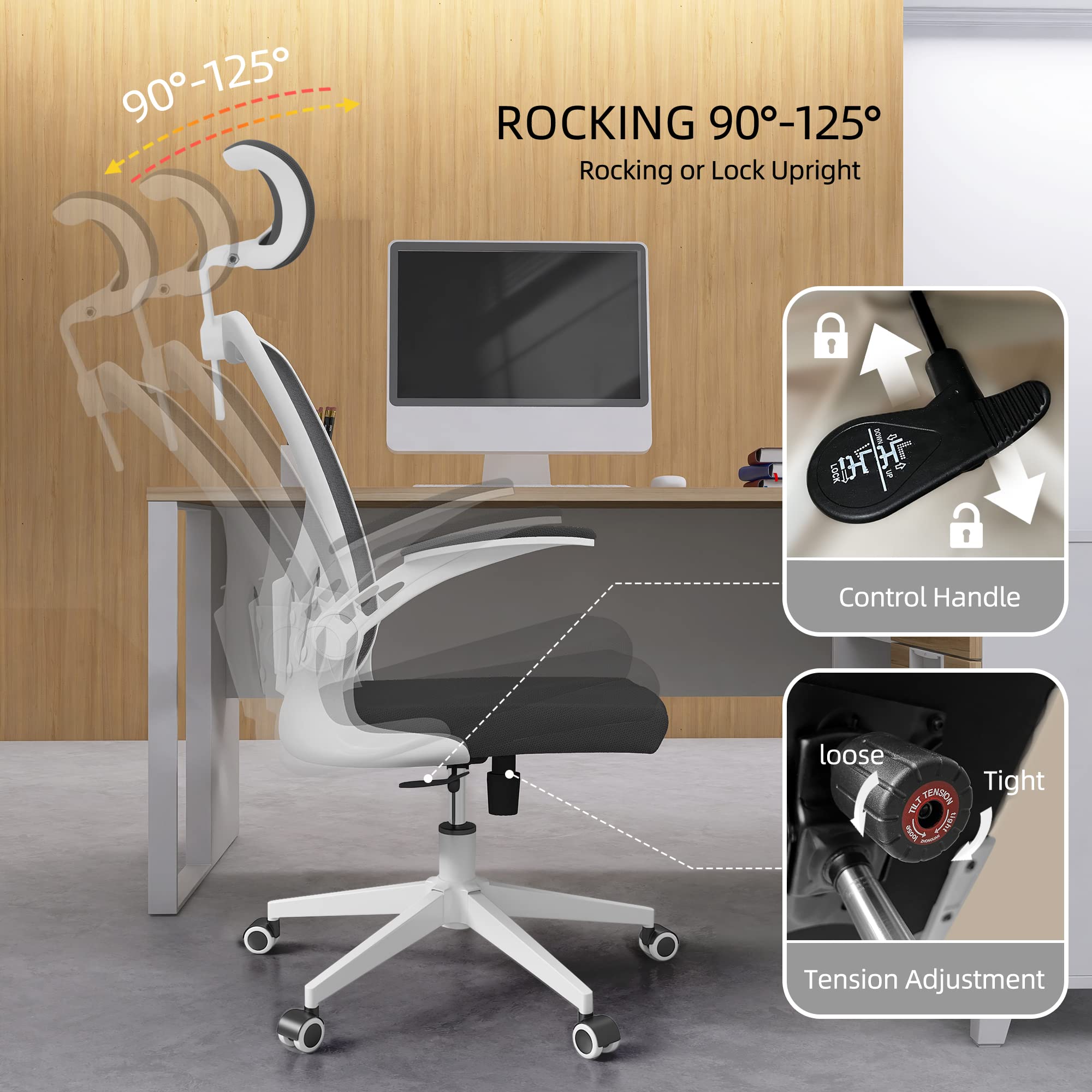 Monhey Office Chairs, Ergonomic Office Chair, Computer Chair with Adjustable Headrest, Lumbar Support, 2D Flip-up Armrest, Khaki Mesh Office Chair